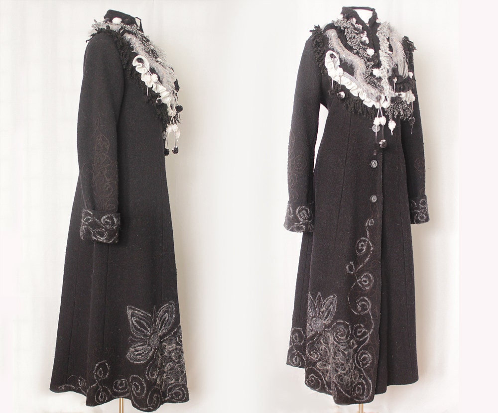 Women Long Black Boiled Wool Coat, Embroidery Coat, Long Cardigan READY ...