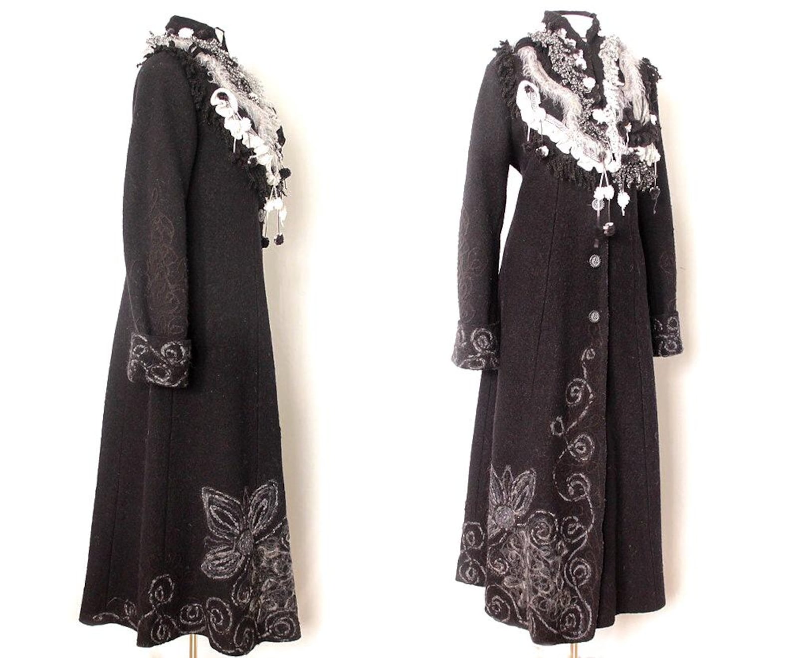 Women Long Black Boiled Wool Coat, Embroidery Coat, Long Cardigan READY ...