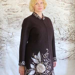 Boiled Wool Brown Jacket Coat Felted Flowers Boho Couture Size Large - Etsy