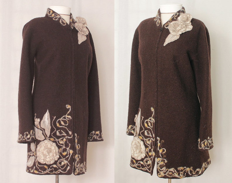 Boiled Wool Brown Jacket Coat Felted Flowers Boho Couture Size Large - Etsy