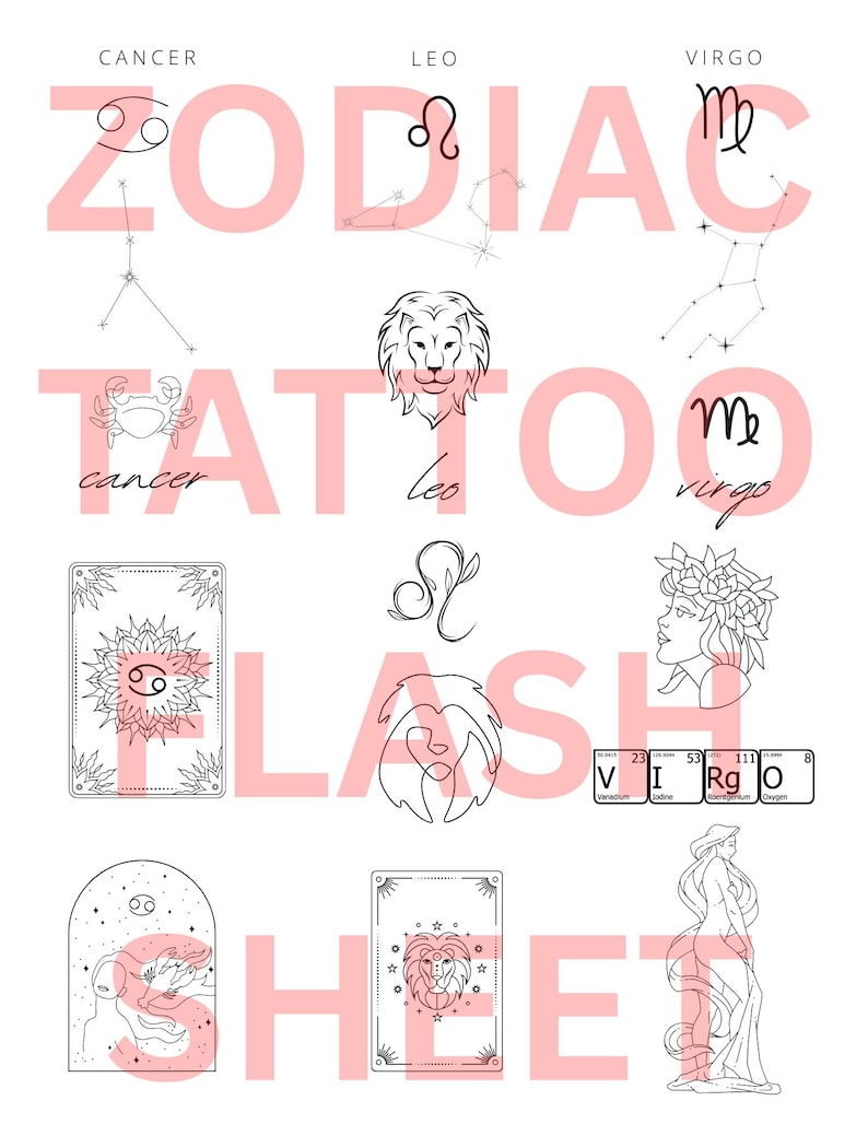 Zodiac Tattoo Flash Sheet | All 12 Signs | Instant Digital Download - Etsy