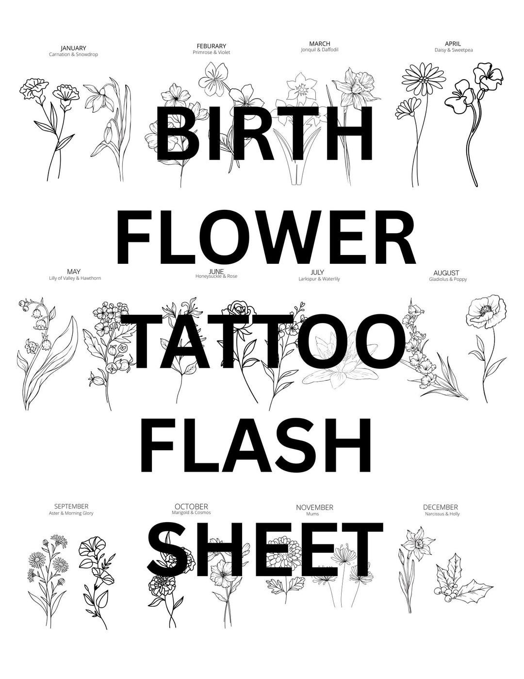 Birth Flower Tattoo Flash Sheet | 12 Months of Floral-inspired Ink ...
