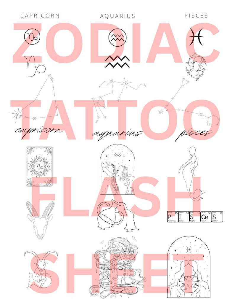 Zodiac Tattoo Flash Sheet | All 12 Signs | Instant Digital Download - Etsy