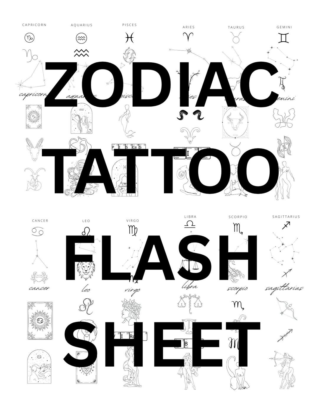 Zodiac Tattoo Flash Sheet | All 12 Signs | Instant Digital Download - Etsy
