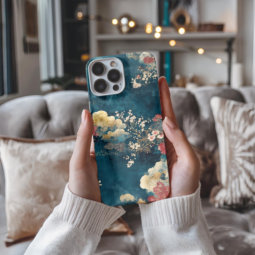 Moody Antique Japanese Pattern Phone Case, Sky & Flowers Design, Slim Case for iPhone 16-11 ...