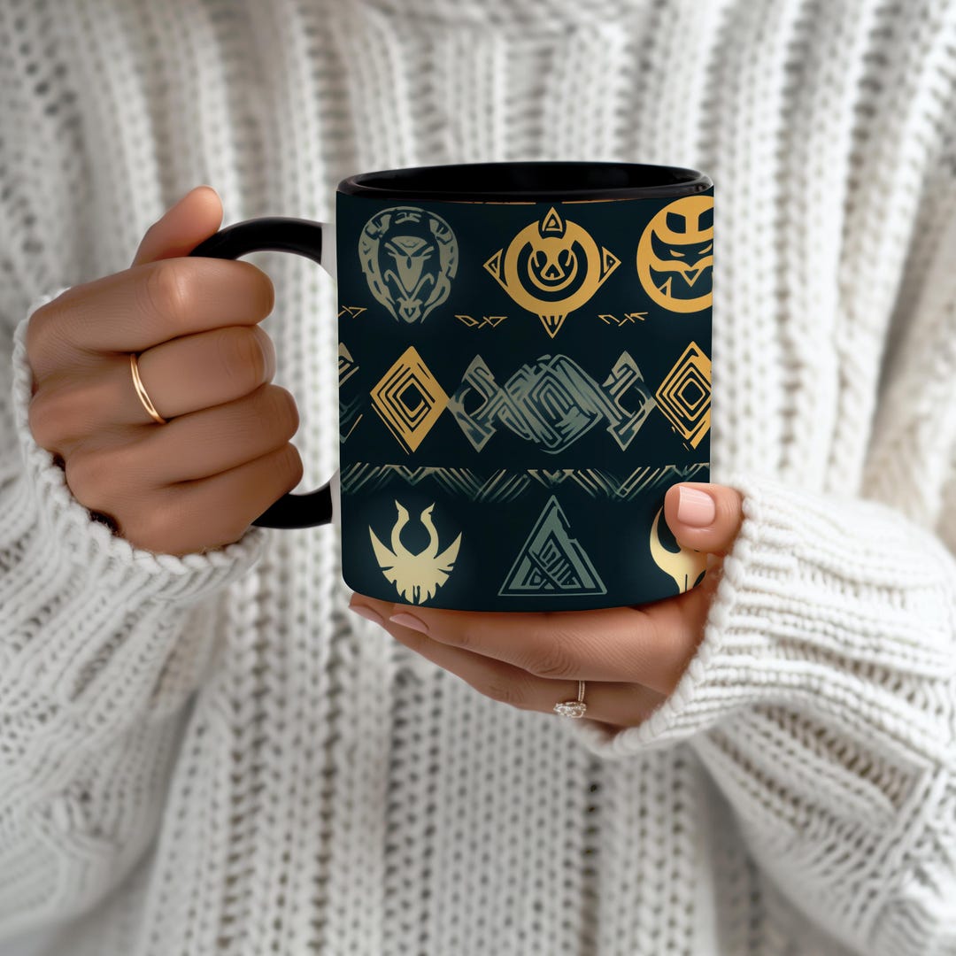 Viking Symbols Mug - Norse Style Blue and Gold Ceramic Cup for ...