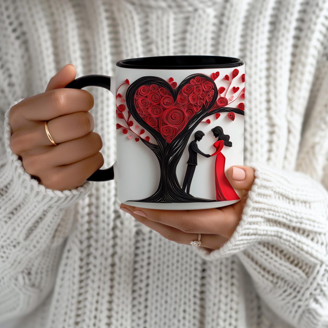 3D Paper Quilling Couple Mug | Heart-shaped Tree Design, Red Color ...