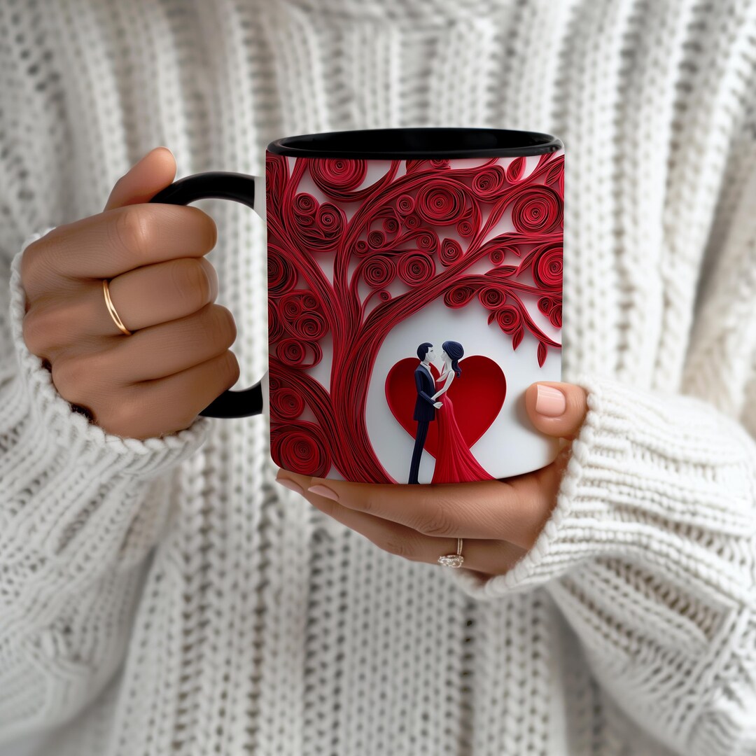 3D Paper Quilling Couple Under Heart Tree Mug - Valentines Love Gift ...