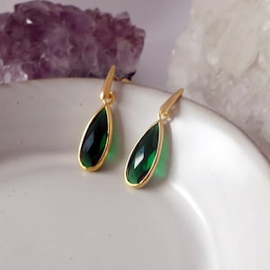 Emerald Green and Gold Earrings Long Dangle Post Dark Green Earrings ...