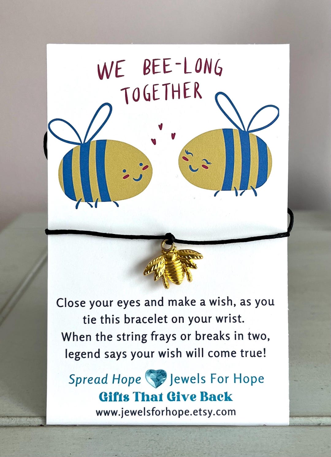 Bee Lover Gift, Gold Bumble Bee Charm Wish Bracelet, We Bee-long ...