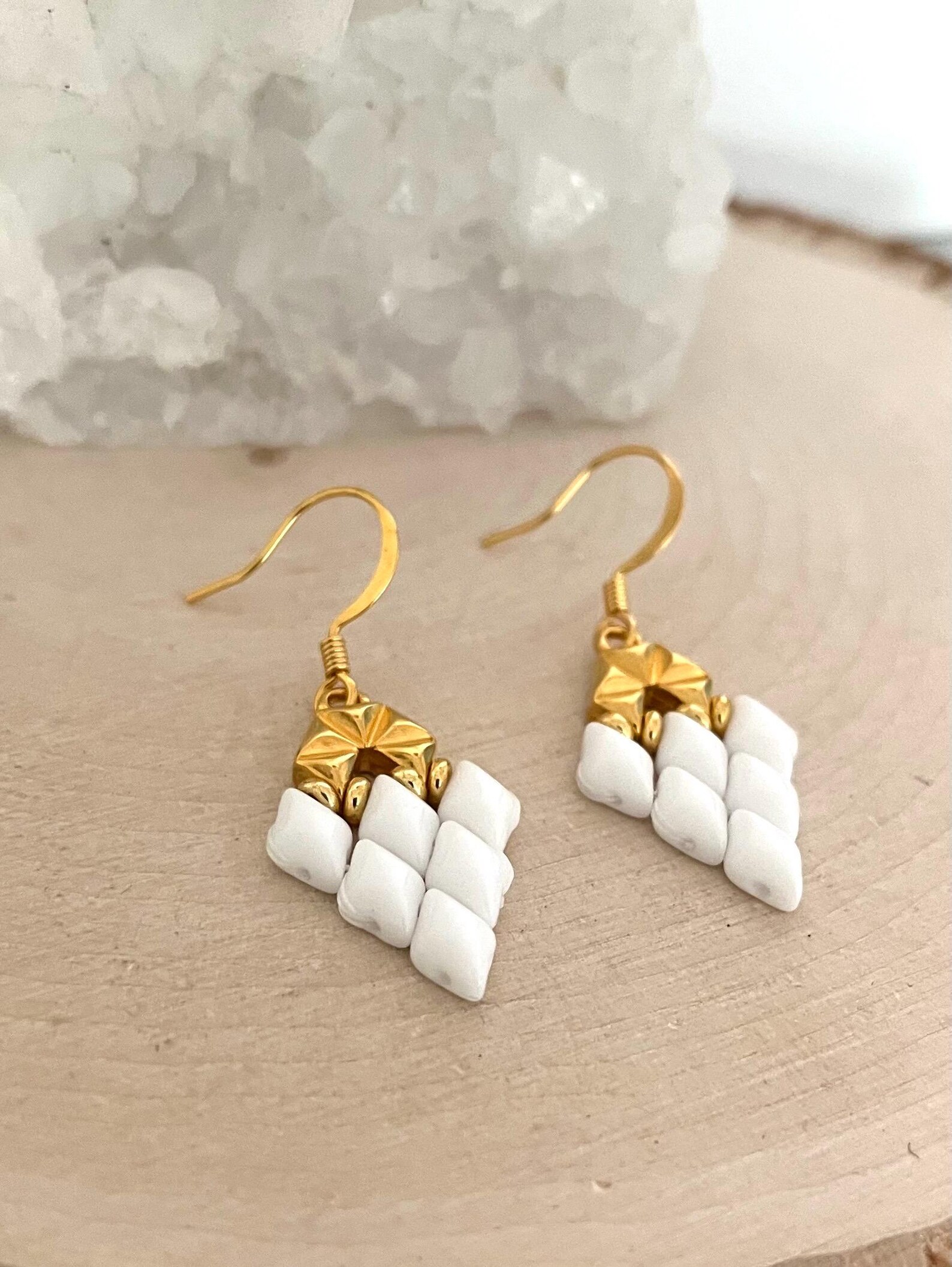 White and Gold Earrings Small Dangle 24k Gold Plated White Summer ...