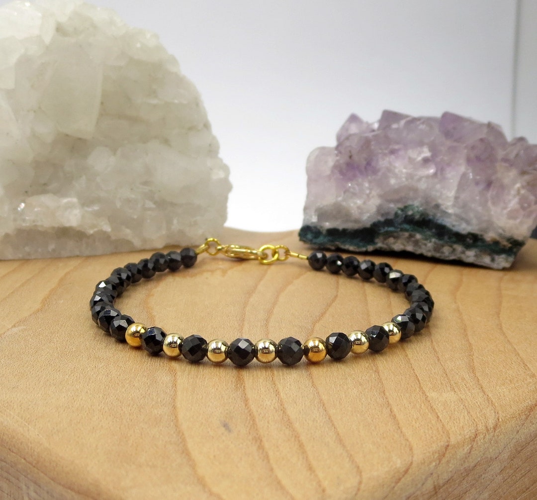 Black and Gold Bracelet Thin Dainty 14k Gold Faceted Tourmaline ...