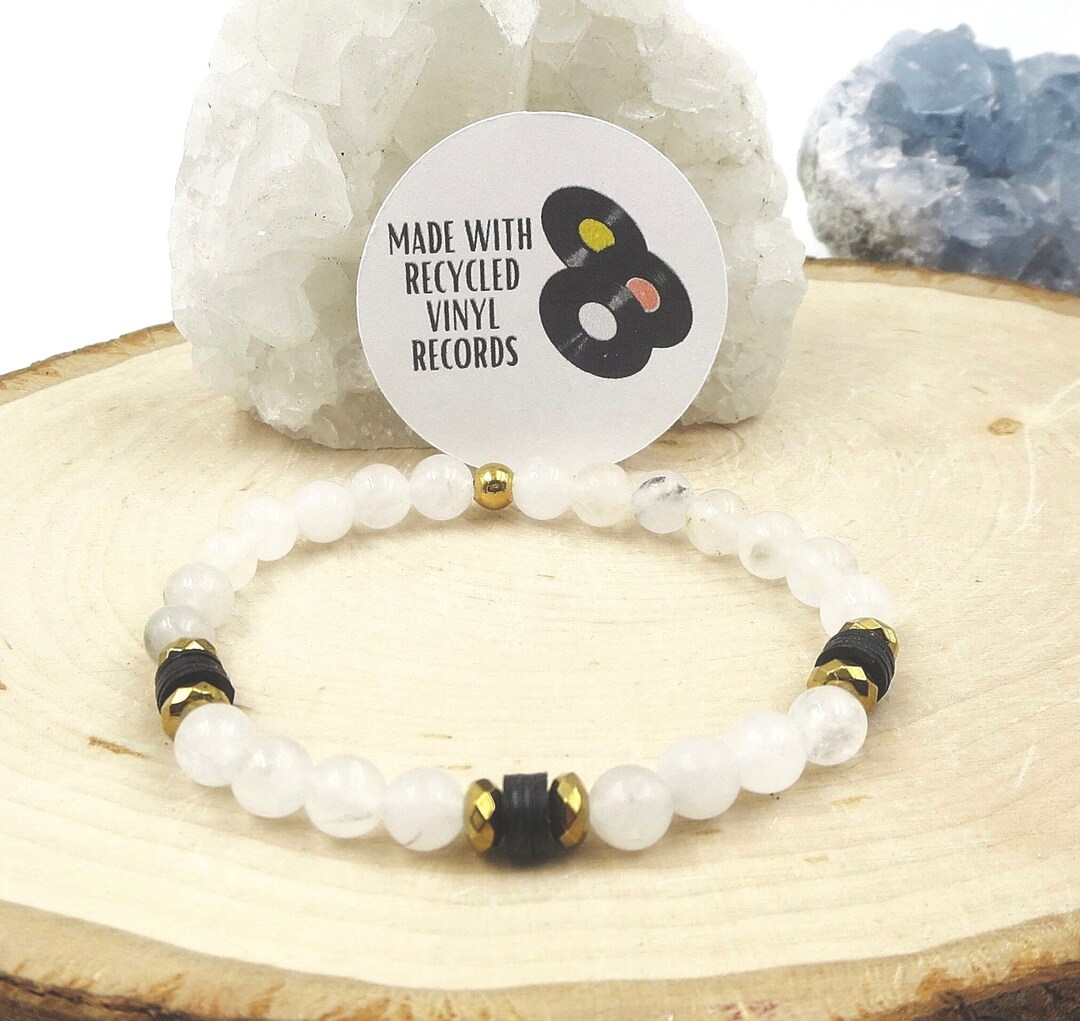 Black and Moonstone Bracelet Womens Stretch Recycled Record Bracelet ...
