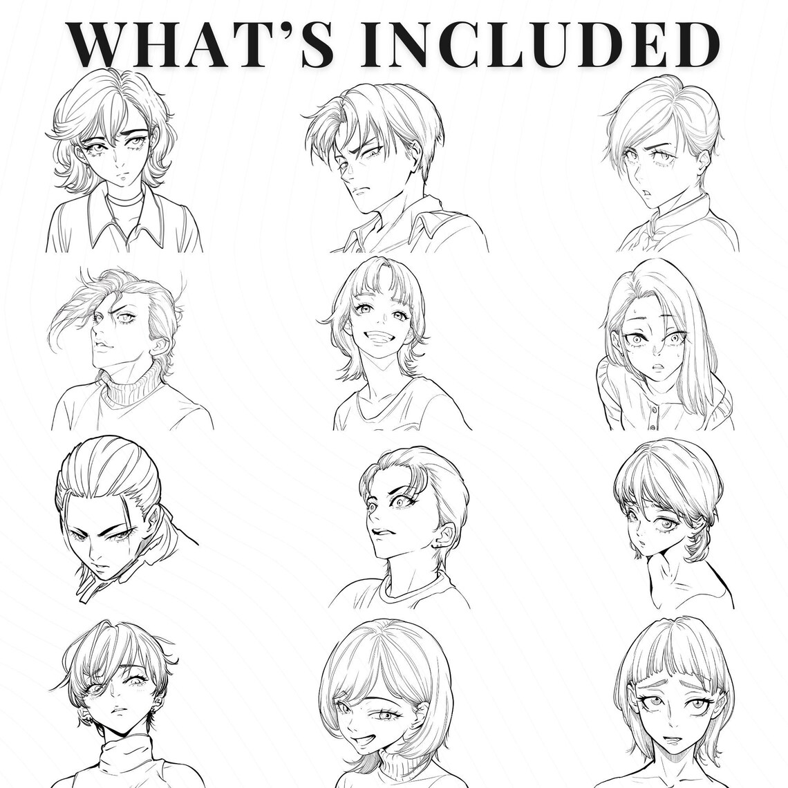 Anime Portrait Line Art – Face Drawing Reference for Artists (12 Heads ...