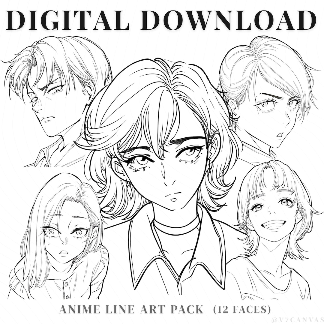 Anime Portrait Reference Pack – 12 Manga Head Line Art for Artists ...