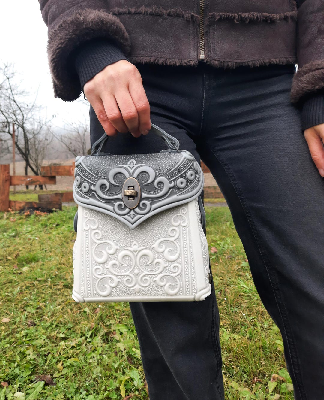 Embossed Genuine Leather Mini Backpack, Gray and White Boho Purse - Etsy