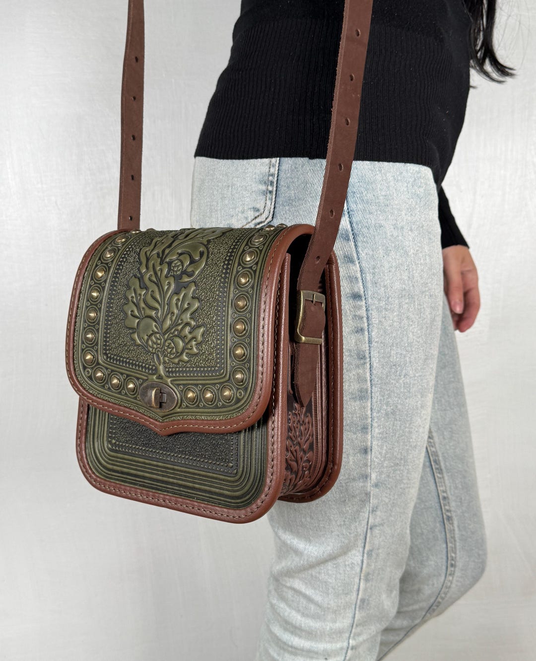 Embossed Leather Crossbody Bag: Olive Green & Brown, Handmade Purse ...