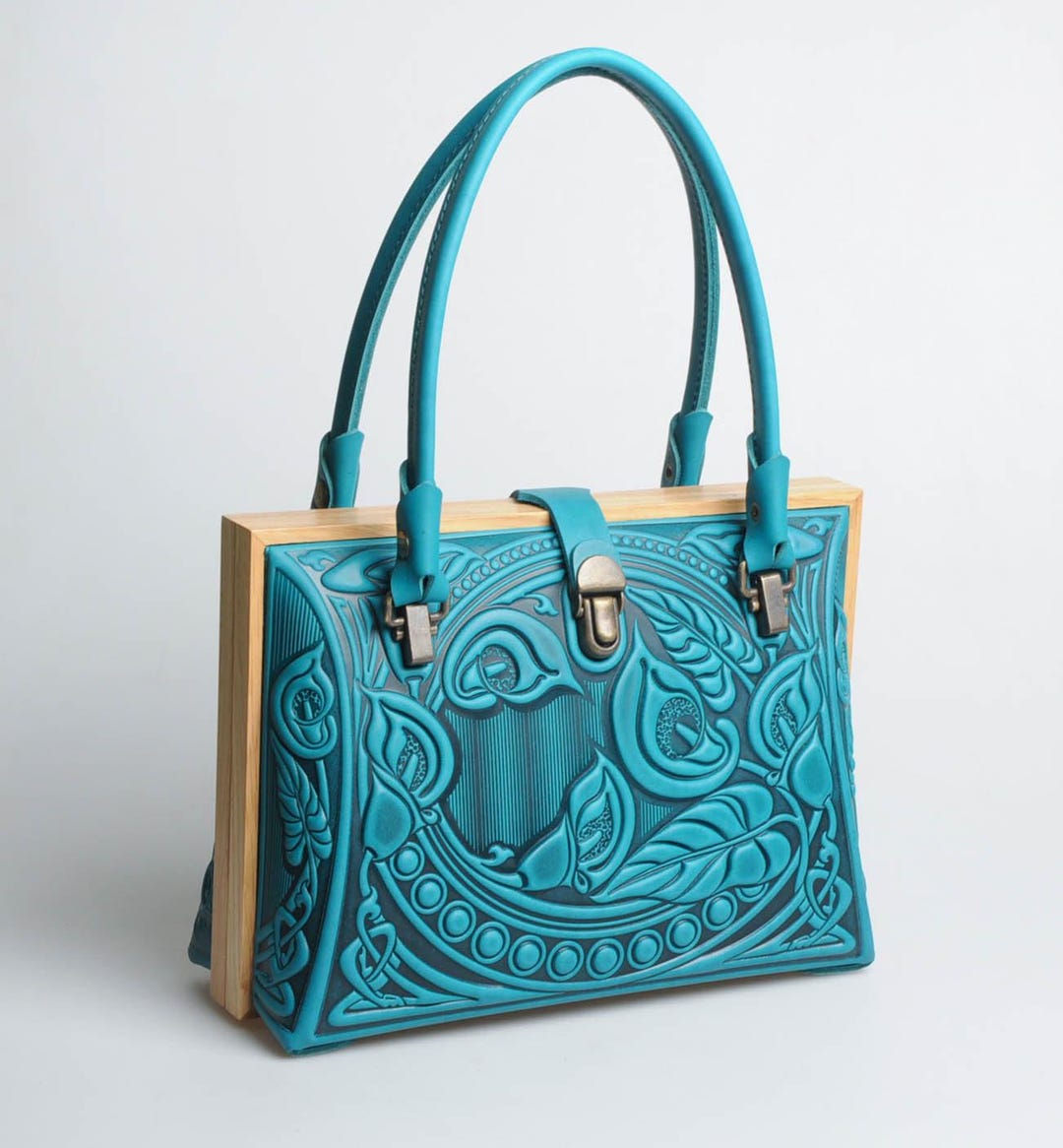 Embossed Turquoise Leather Purse: Handmade Wooden Frame Bag - Etsy