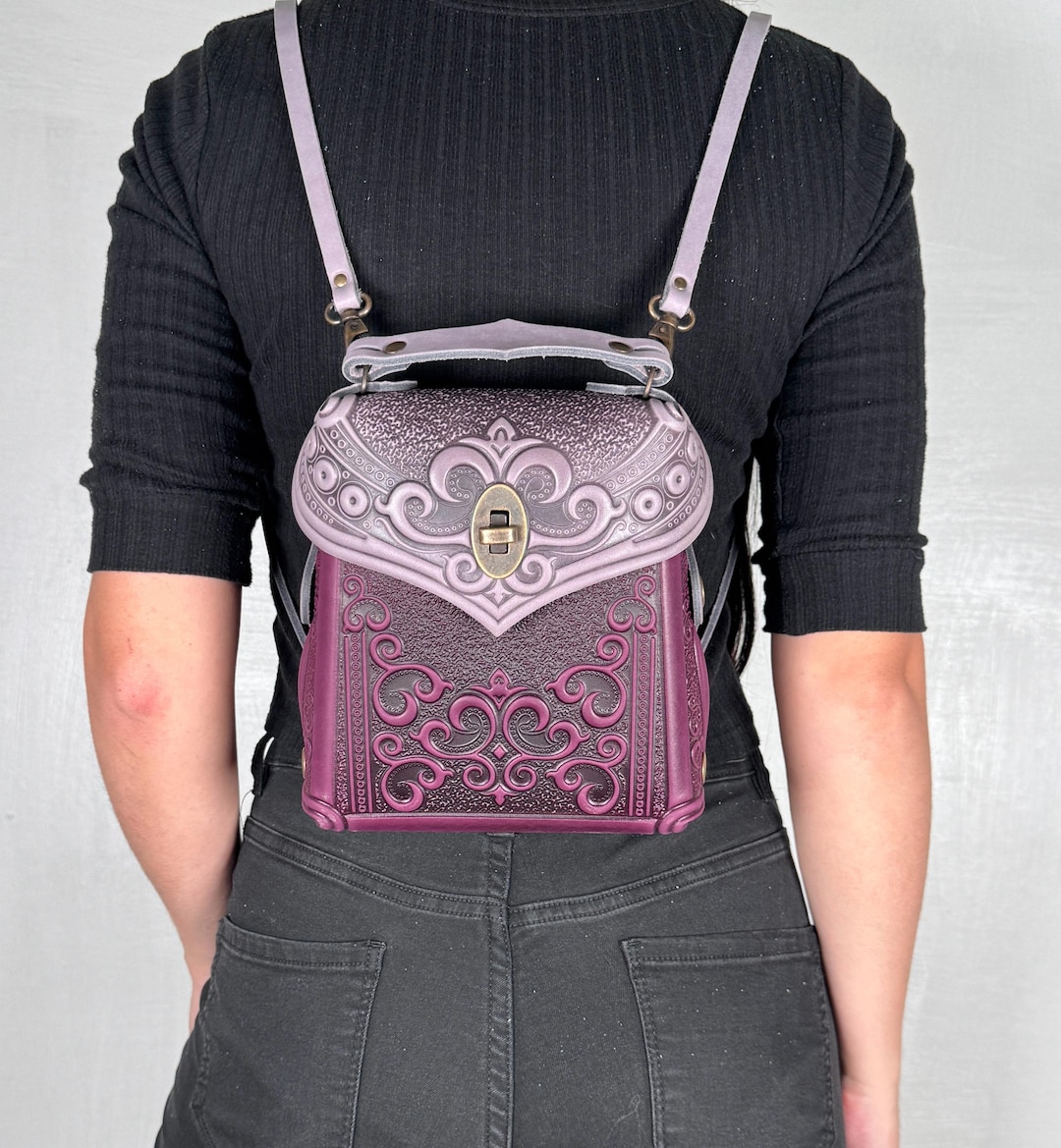 Embossed Lilac+purple Genuine Leather Backpack, Handmade Small Boho Bag ...