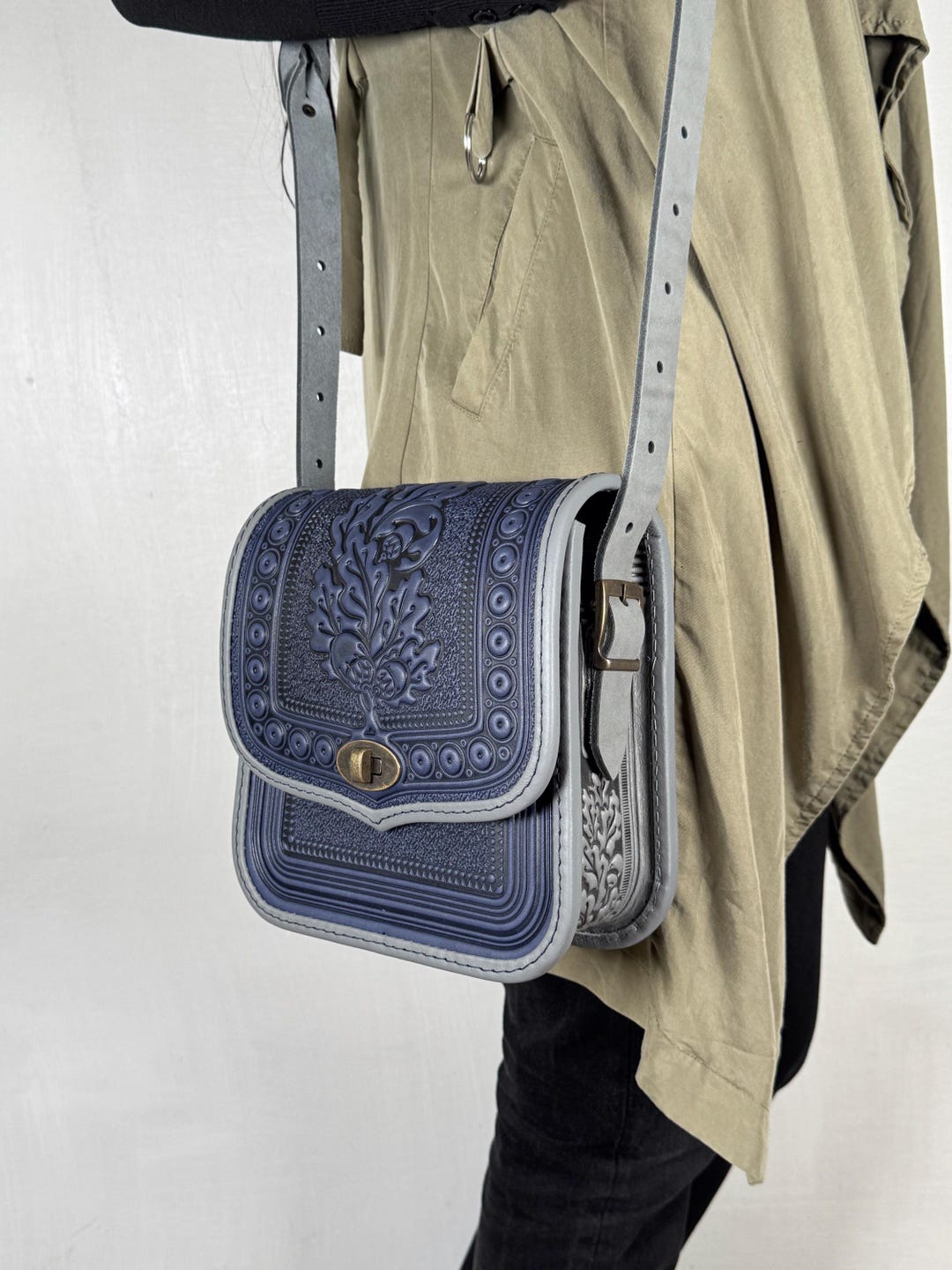 Blue Genuine Leather Bag, Crossbody Bag, Shoulder Bag, Embossed Leather ...
