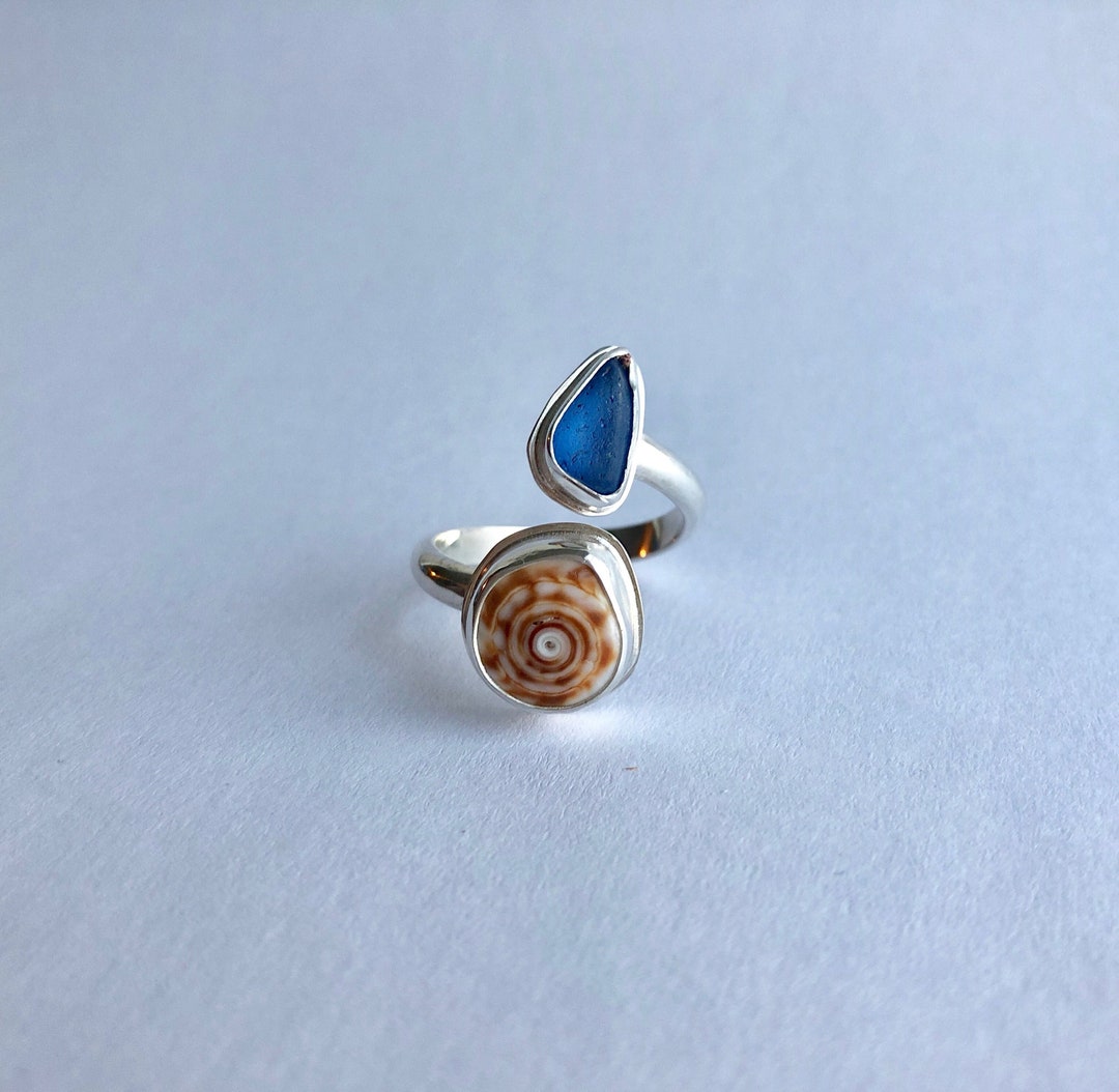 Cobalt Blue Sea Glass and Shell Ring, Adjustable Ring, Shell and Blue ...