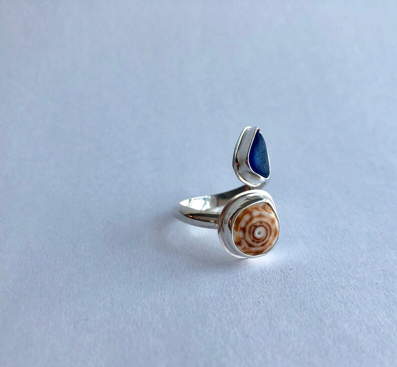 Cobalt Blue Sea Glass and Shell Ring, Adjustable Ring, Shell and Blue ...