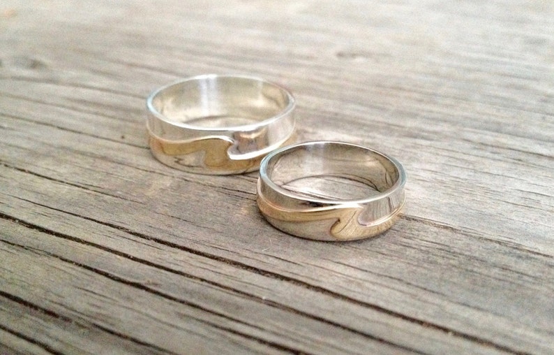 Ladies Wave Ring, Silver and 10kt Wave Band, Surfer Ring, Ocean Wedding ...