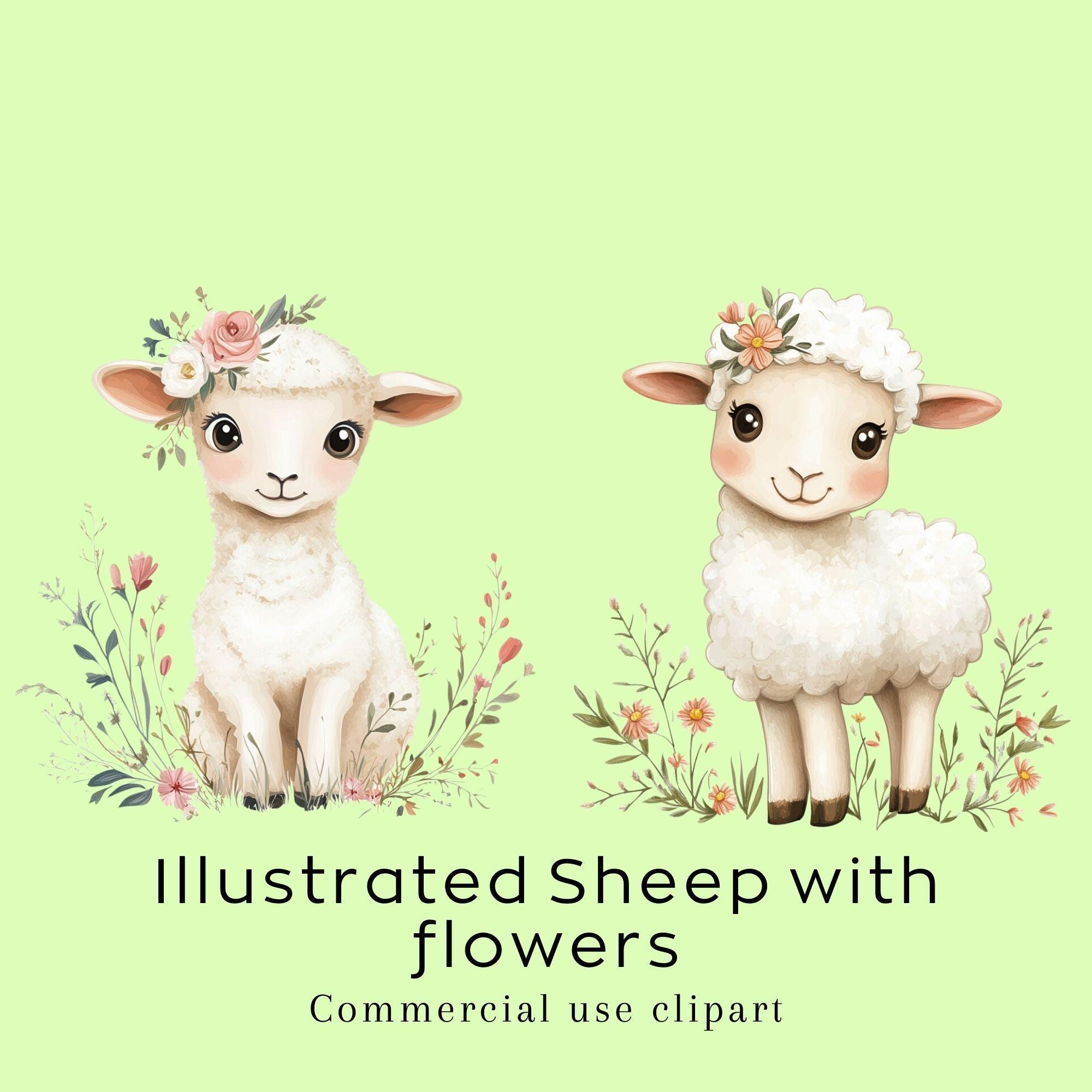 Sheep With Flowers Clipart, Cute Sheep Clipart, Cartoon Clipart, Sheep ...