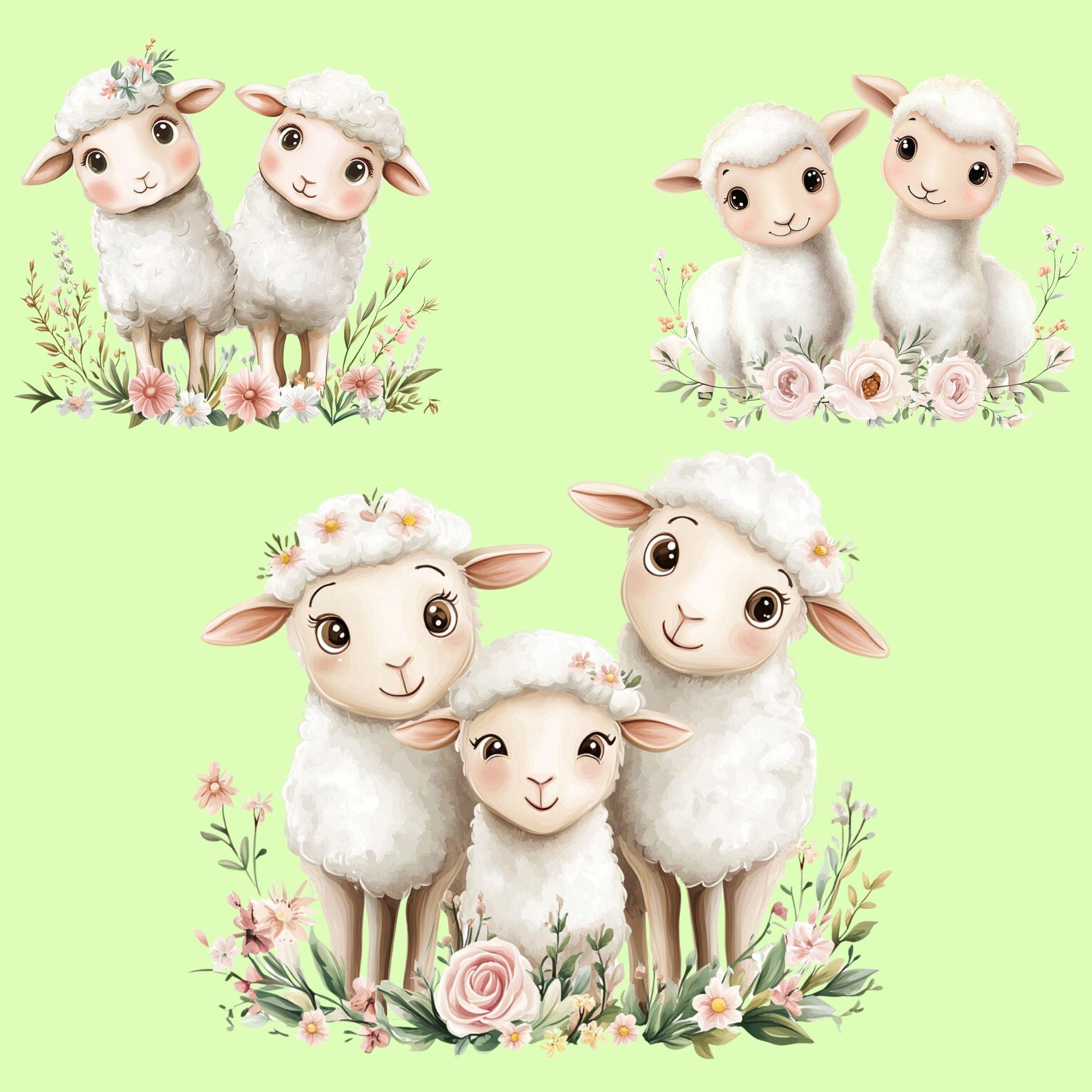 Sheep With Flowers Clipart, Cute Sheep Clipart, Cartoon Clipart, Sheep ...