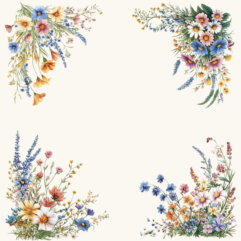 Wildflower Frame Corners Clipart, Floral Clipart, Different Flowers ...