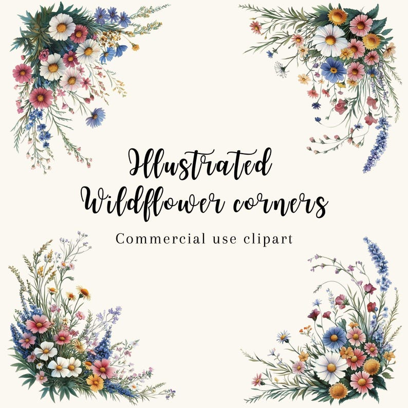 Wildflower Frame Corners Clipart, Floral Clipart, Different Flowers ...