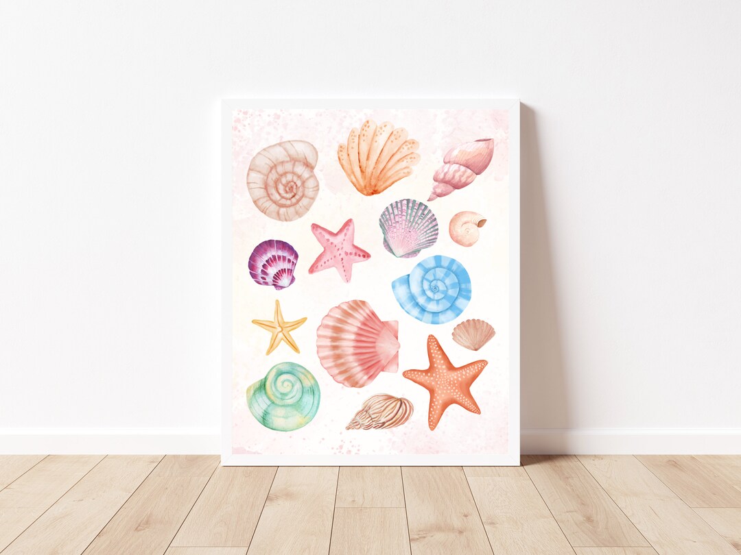 Pink Background Watercolor Shell Wall Art Print, Beach Theme, Lakehouse ...