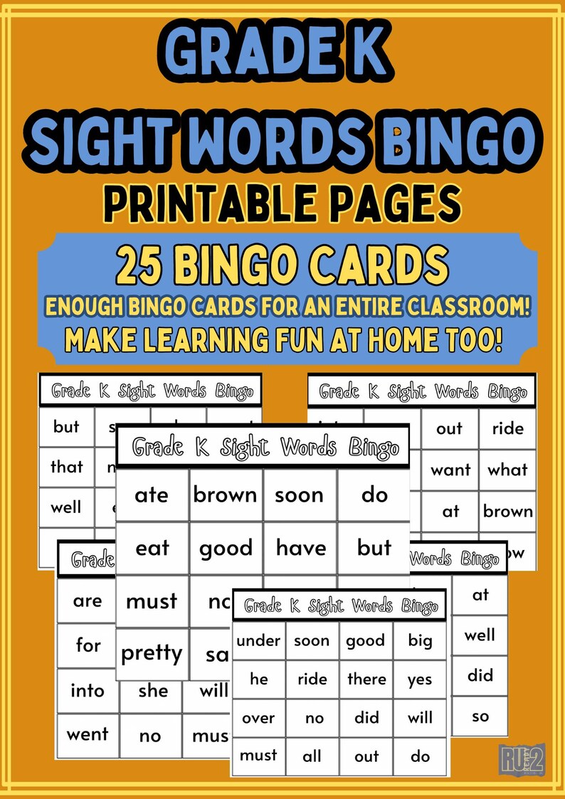 Grade K Sight Words Bingo: 25 Printable Cards (digital Download) - Etsy