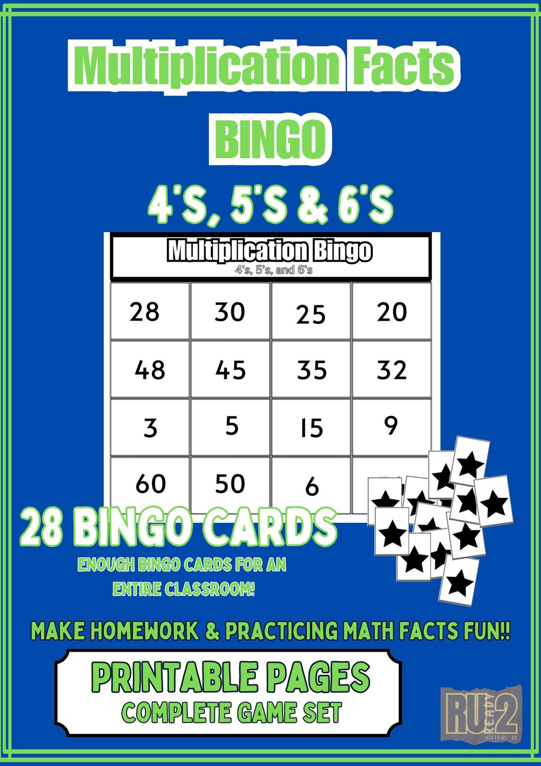 Multiplication Facts BINGO 4’s, 5’s & 6’s! Printable Pages for Teachers ...