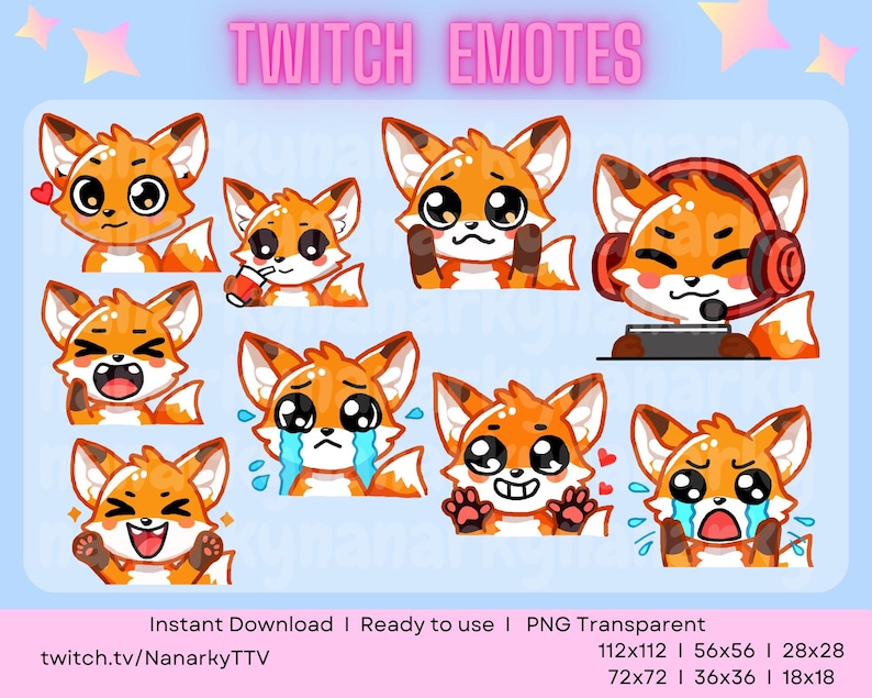 Kawaii Fox 9 Emote Pack | Cute Digital Download | Adorable Fox Emotes ...