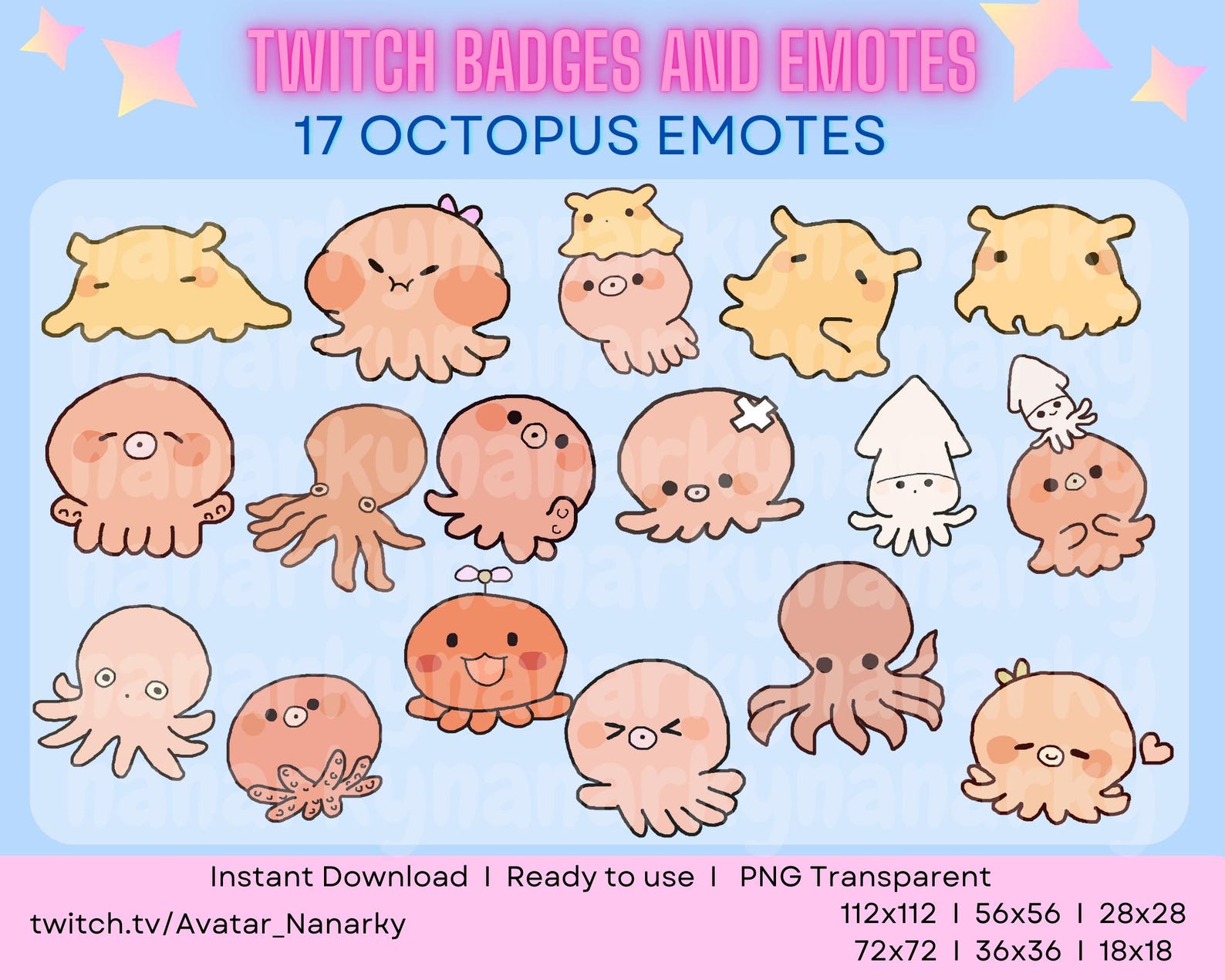 Adorable Octopus 17 Emoticon Set for Twitch, Discord & Digital Use ...