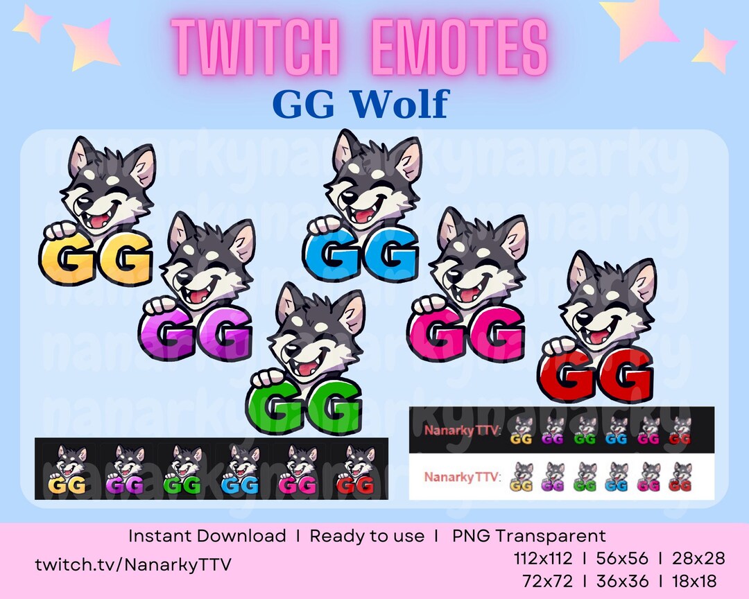 Kawaii GG Wolf 6 Emoticons Set - Cute Wolf Emote Collection for Digital ...