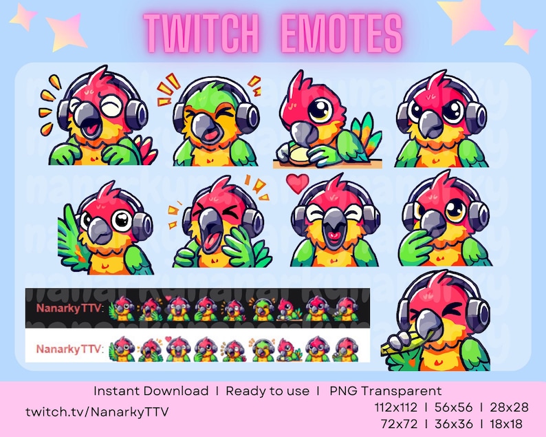 Parrot Emotes 9 Pack for Twitch & Discord | Colorful Streamer Emotes ...