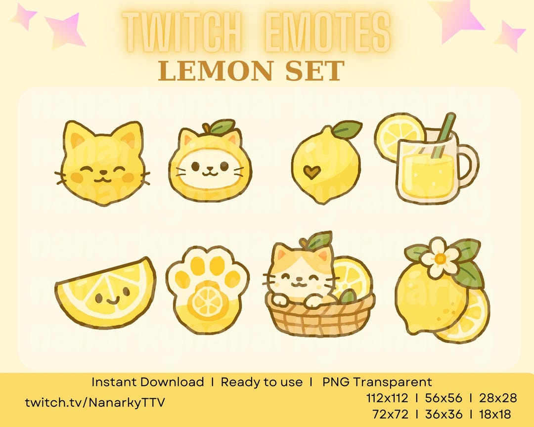 Kawaii Lemon Cat Emotes Pack – Twitch, Discord, Youtube (PNG, Instant ...