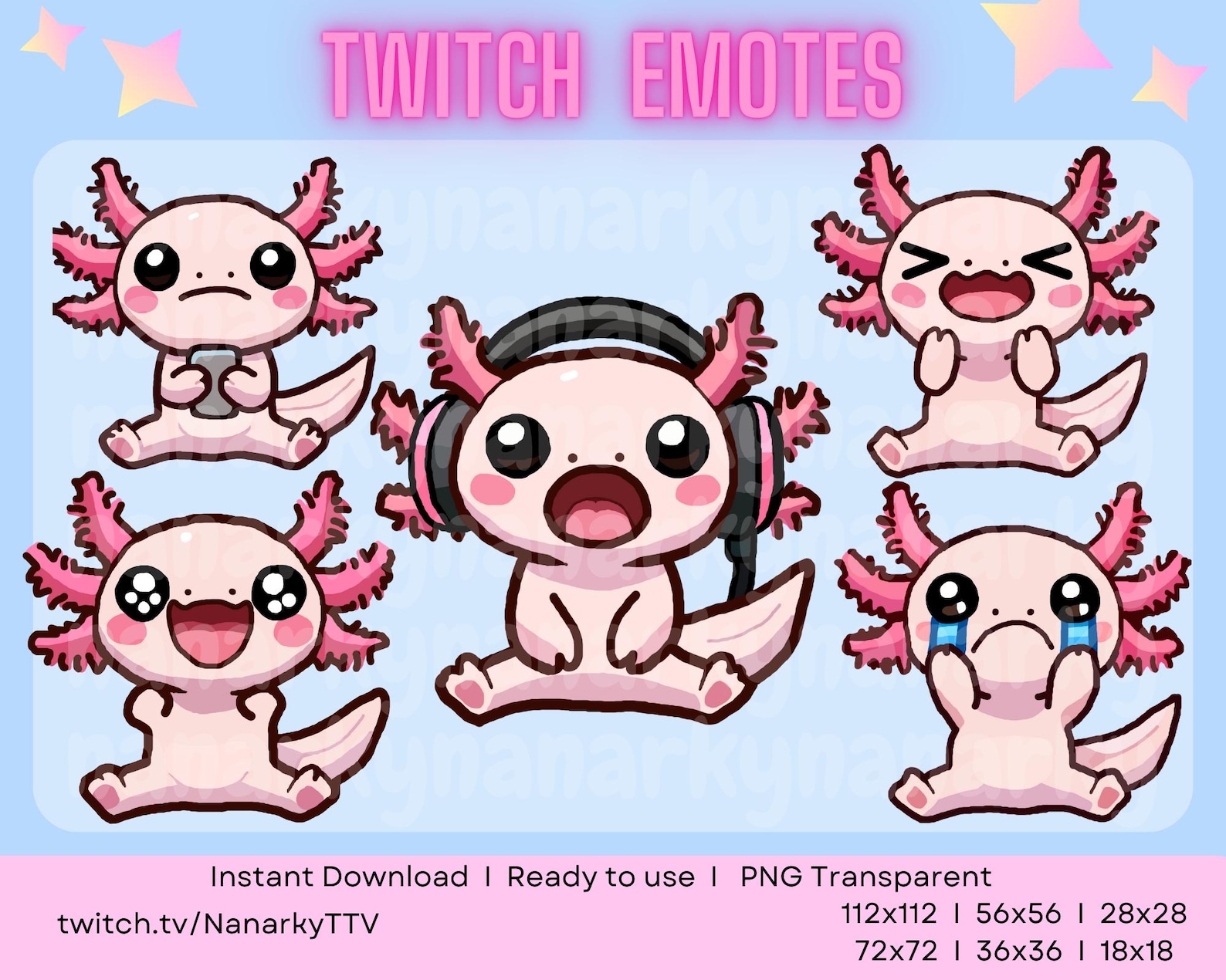 Axolotl Twitch 5 Emotes Set - Cute Axolotl Streaming Emotes for Gamers ...