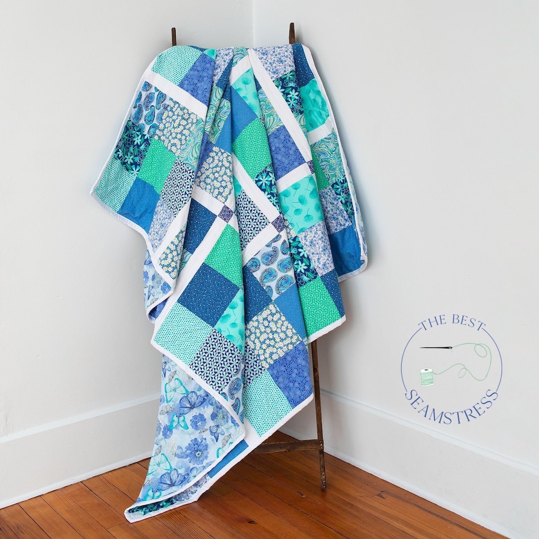 Patchwork Quilt Queen Size in Cozy Green and Blue Floral, Quilted ...