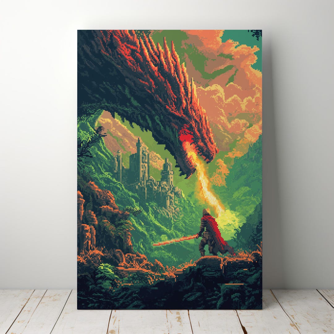 Pixel Art Poster 3 – Knight Vs Dragon Retro Gaming Inspired, Printable ...