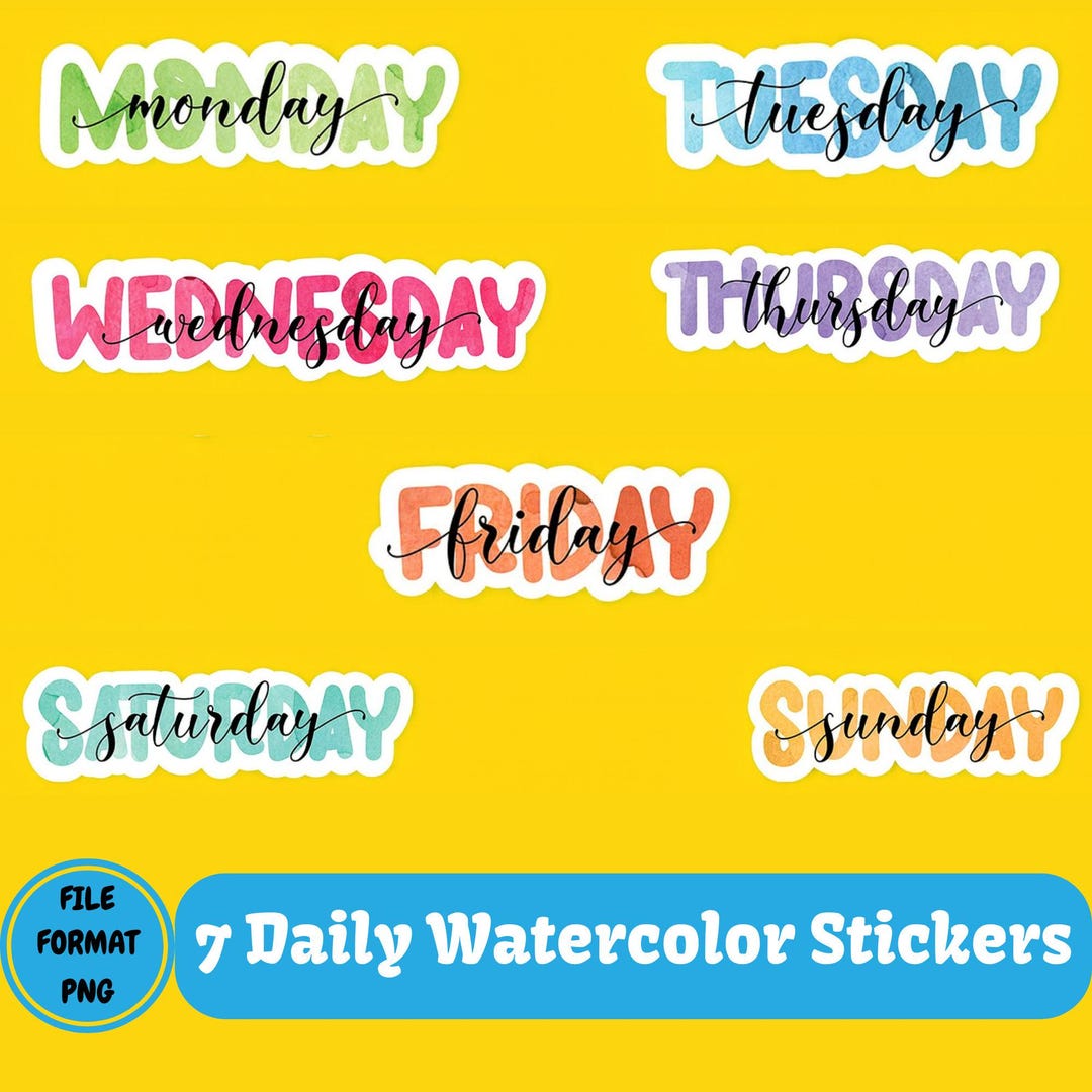 7 Daily Watercolor Stickers, Weekly Planner Stickers, PNG, Digital ...