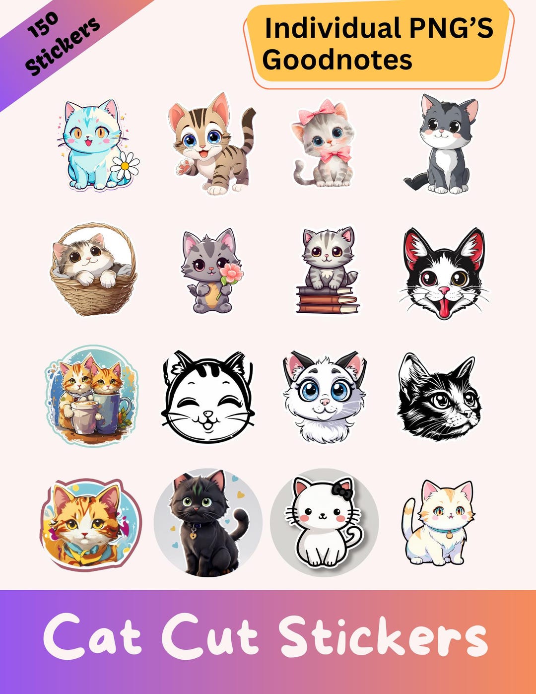 150 Cute Cat Digital Stickers, Goodnotes Sticker, Cat Lover Stickers ...