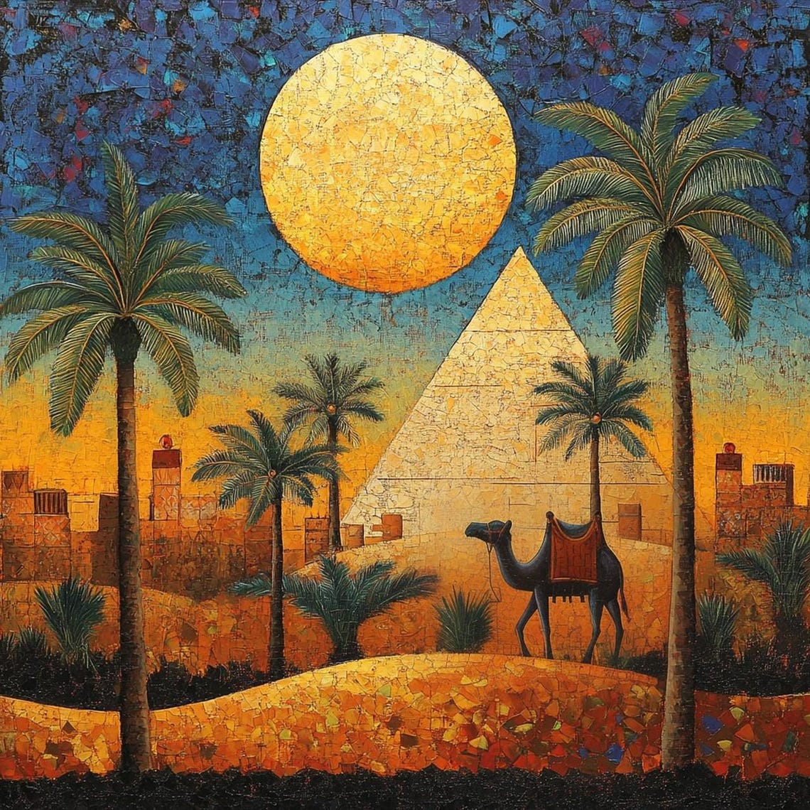 Egyptian Landscape Art Print Set, Pyramid & Camel Painting (digital ...