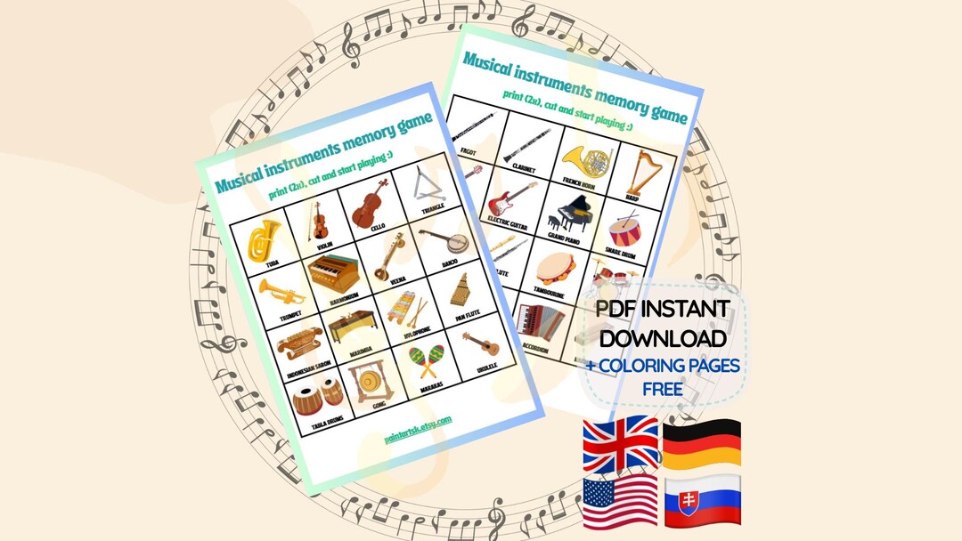 Musical Instrument Memory Game | Printable Cards + Coloring (PDF) - Etsy