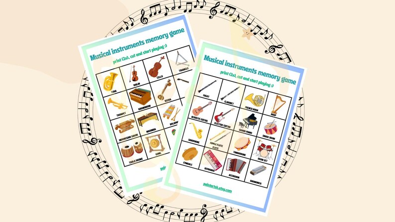 Musical Instrument Memory Game | Printable Cards + Coloring (PDF) - Etsy