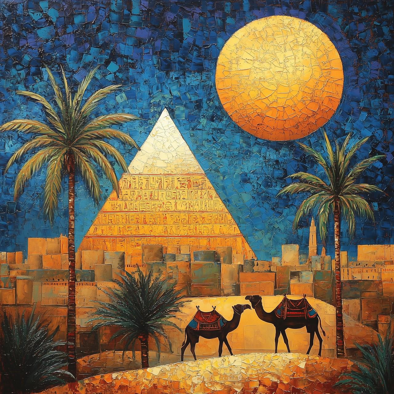 Egyptian Landscape Art Print Set, Pyramid & Camel Painting (digital ...