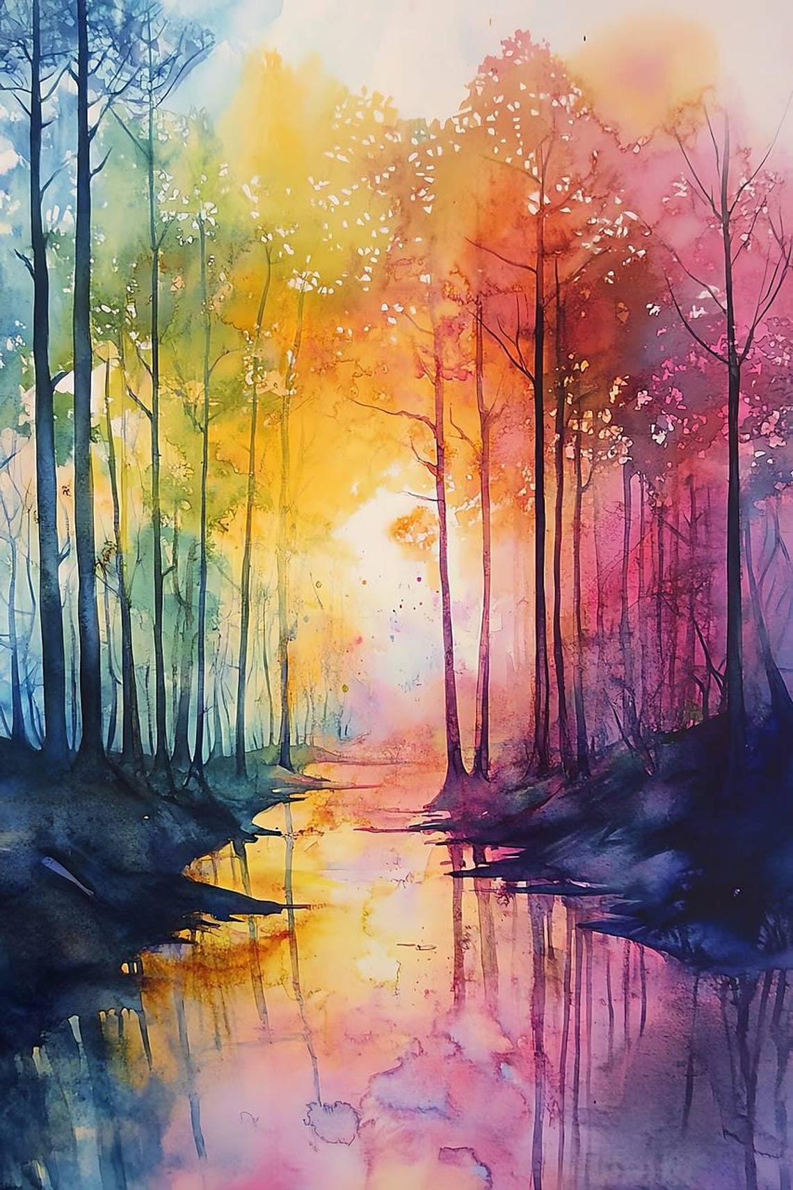 Rainbow Forest Watercolor Print, Colorful Nature Art (digital Download ...