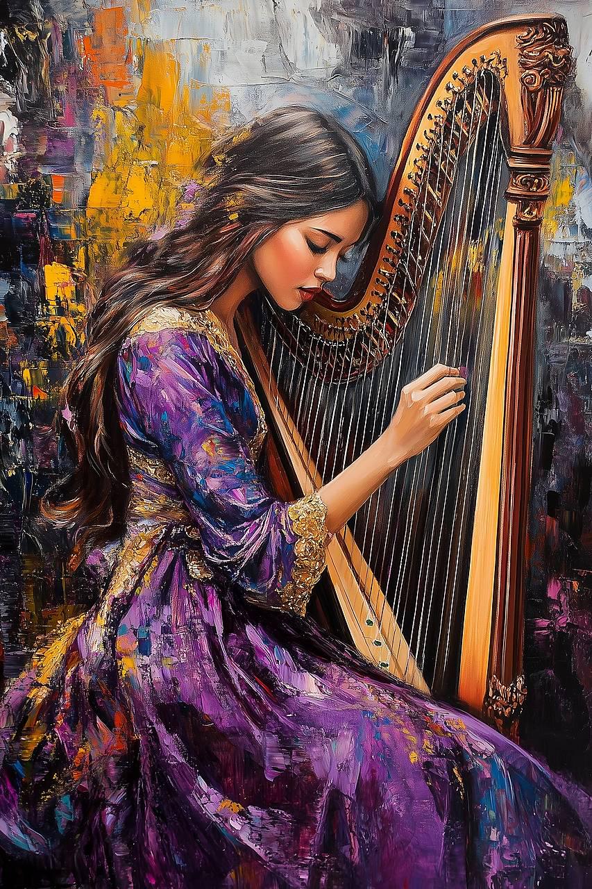 Harpist Printable Art, Digital Art, Wall Art, Music Home Decor, Woman Playing Harp, Romantic ...